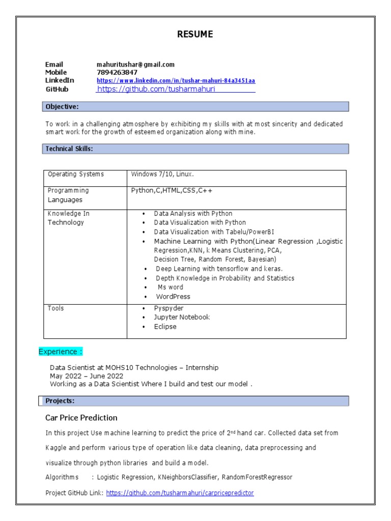 A Data Science Professional Seeking New Opportunities: Tushar Mahuri's Resume | PDF | Machine ...