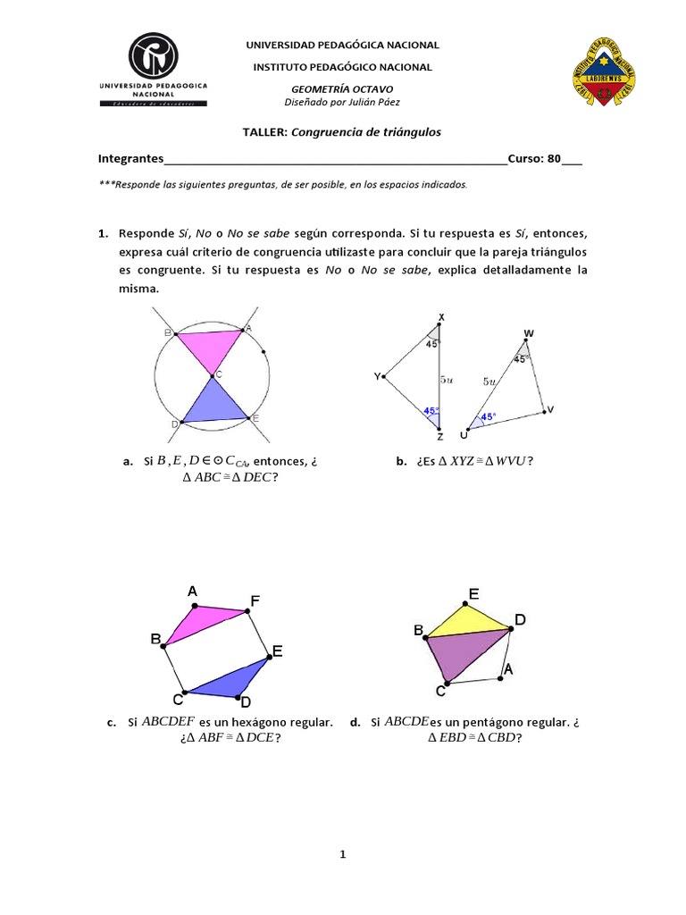 Taller Congruencia de Triángulos | PDF