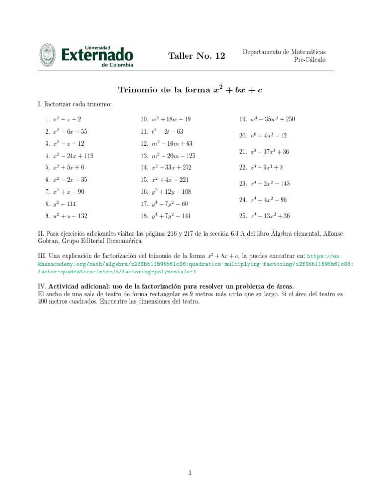 Taller 12 Trinomio de La Forma X 2 BX C | PDF | Matemáticas