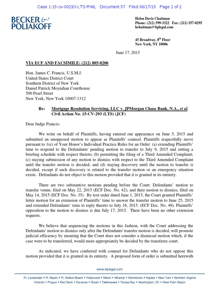 57 LETTER MOTION For Extension of Time | PDF | Complaint | Discovery (Law)