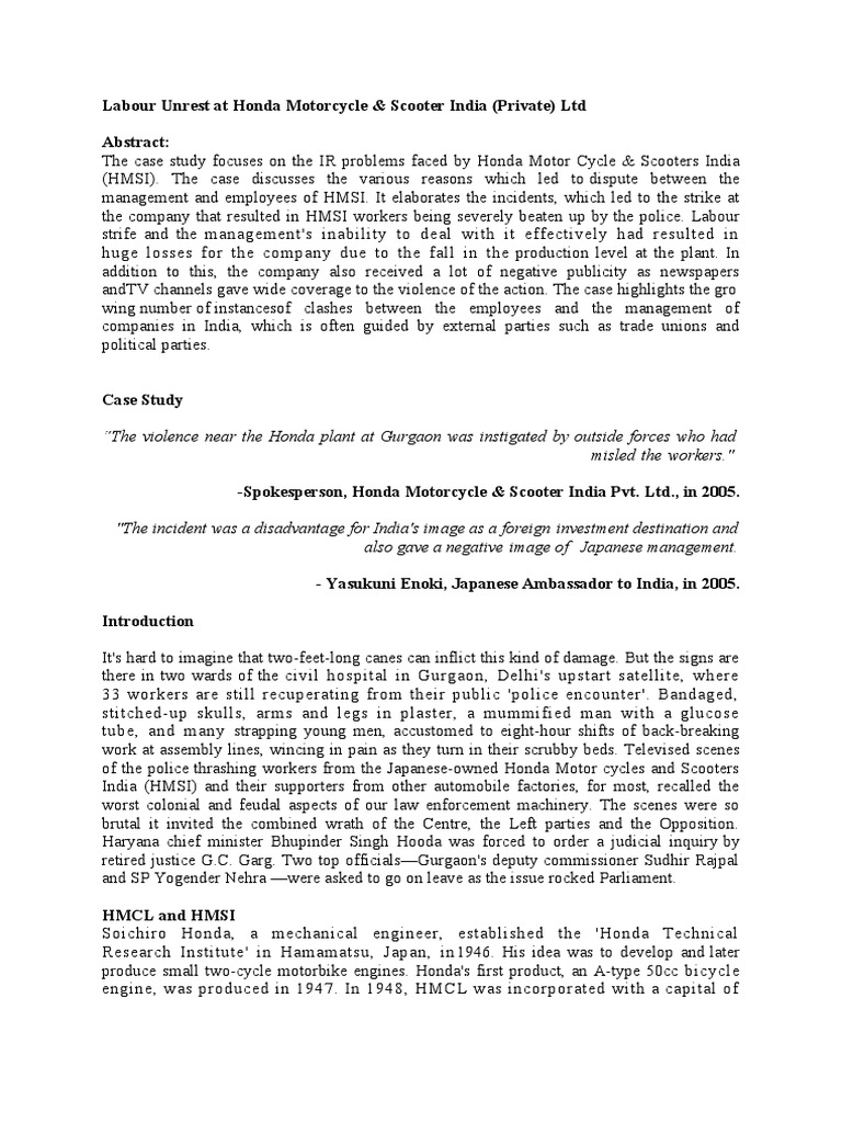 Labour Unrest at Honda Motorcycle case study | PDF | Trade Union ...