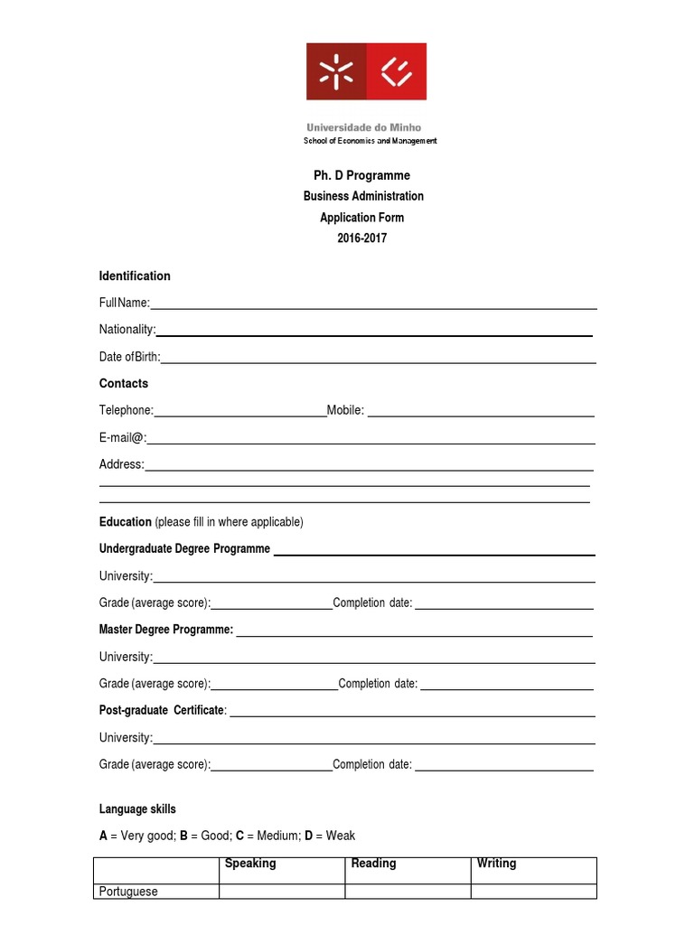 Application Form Business Administration | PDF | Postgraduate Education ...