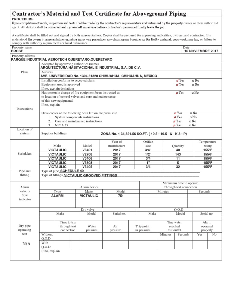 NFPA 13 - Aboveground Piping Test Certificate Zona 1 PDF | PDF | Valve ...