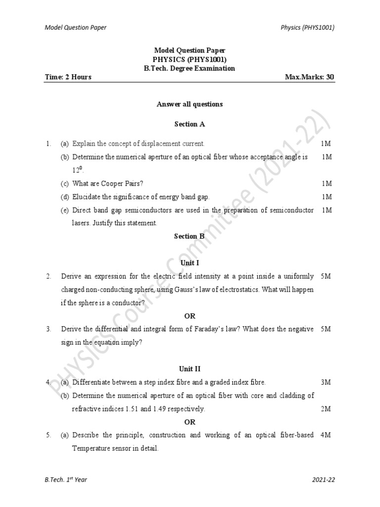 PHYS1001 Model Question Paper 2021-22 | PDF | Semiconductors | Optical ...