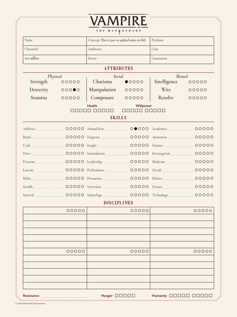 Vampire 5th Edition Character Sheet (Isd) | PDF