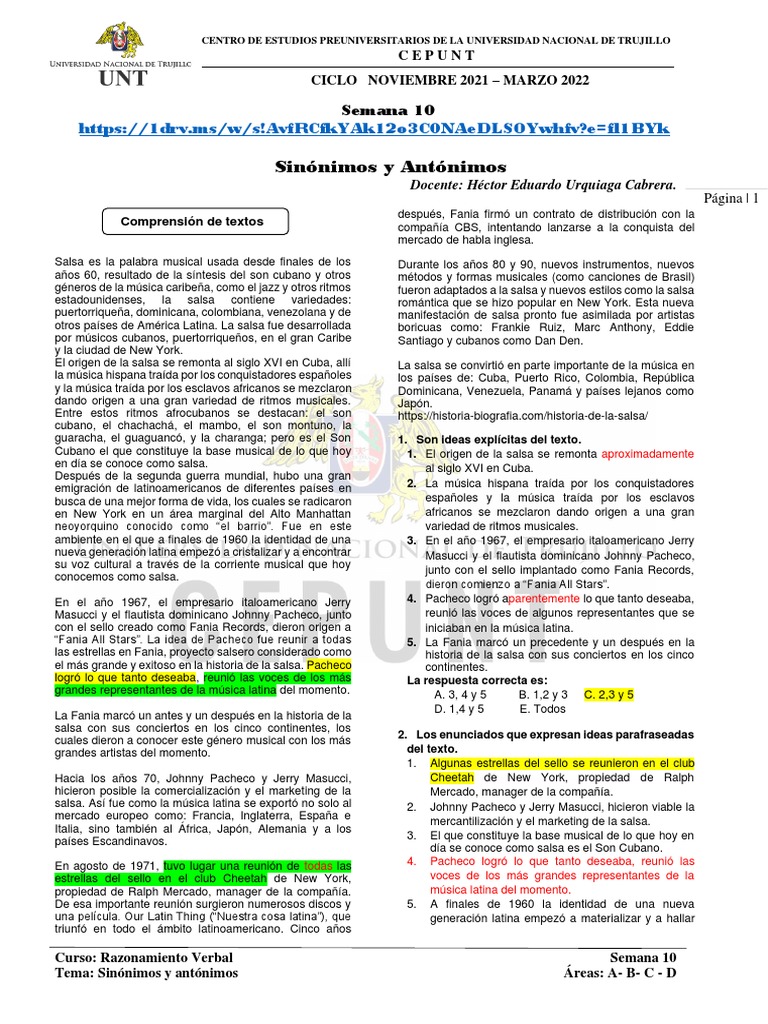 Sem 10 - SINÓNIMOS Y ANTÓNIMOS | PDF | Musica cubana | Musica Latinoamericana