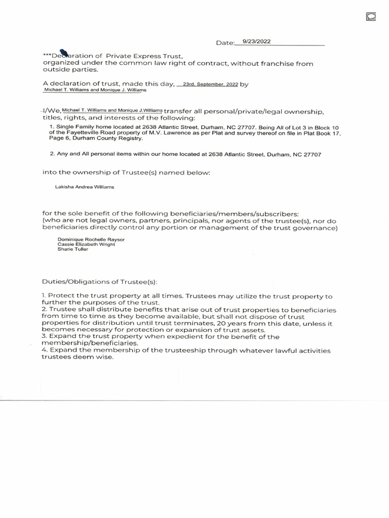 Private Express Trust - Michael T. Williams and Monique J. Williams | PDF