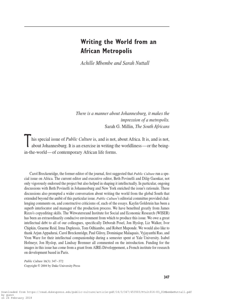 Writing The World From An African Metropolis - Achille Mbembe and Sarah ...