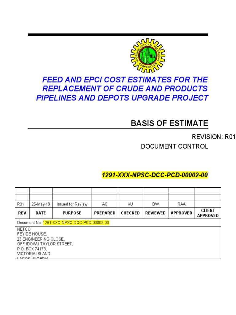 Estimate Basis - NNPC Project - 1291 - 26!5!2018 | PDF | Pipeline ...