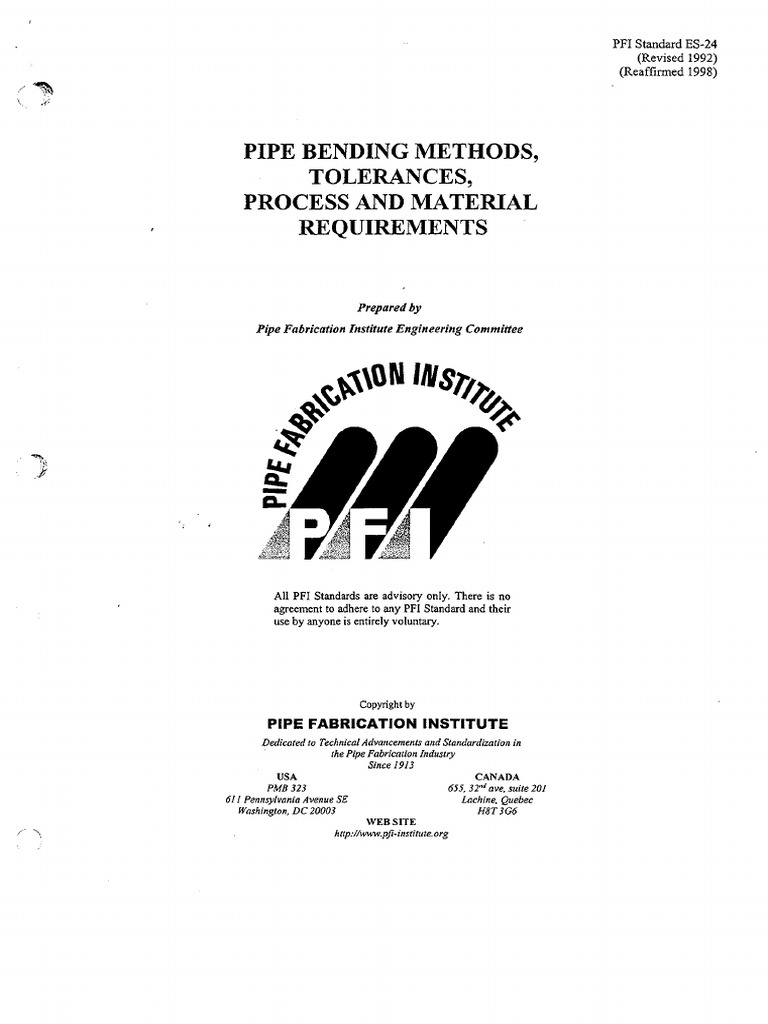 PFI ES-24 1992 (1998 Reaffirmed) Pipe Bending Methods, Tolerances, Process and Material ...