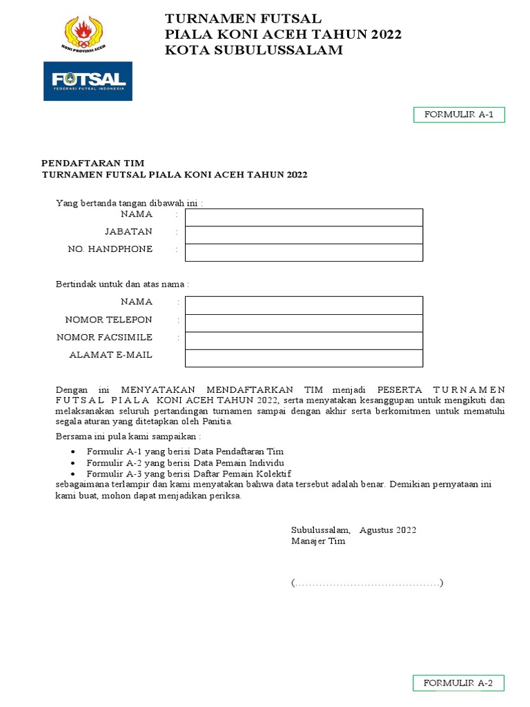 Form Pendaftaran Atlit Futsal | PDF