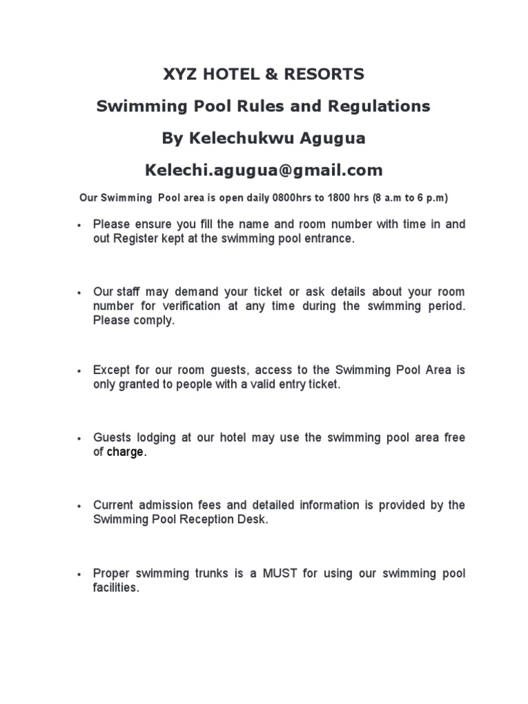 XYZ Hotel Pool Rules & Safety Guidelines | PDF | Swimming Pool | Swimming