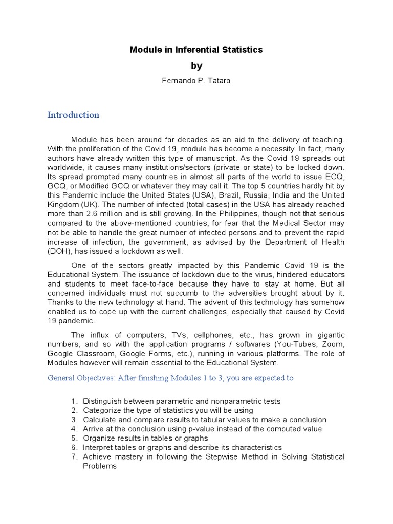 Module in Inferential Statistics With Additional Exercises Edited Nov 14 by Tats2020 | PDF ...