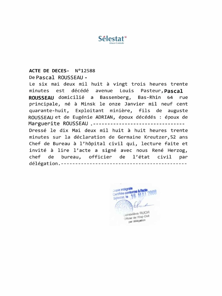 Acte de Deces - Copie PASCAL ROUSSEAU1 | PDF