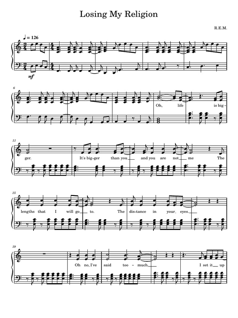 Losing My Religion Piano Sheet Music | PDF | Song Recordings Produced ...