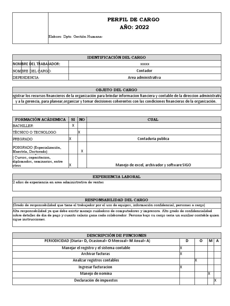 Formato 1 para Perfiles de Cargo | PDF | Contador | Toma de decisiones