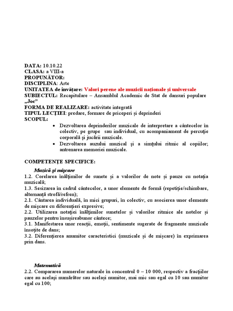 Proiect de Lectie Recapitulare Dansuri Populare | PDF