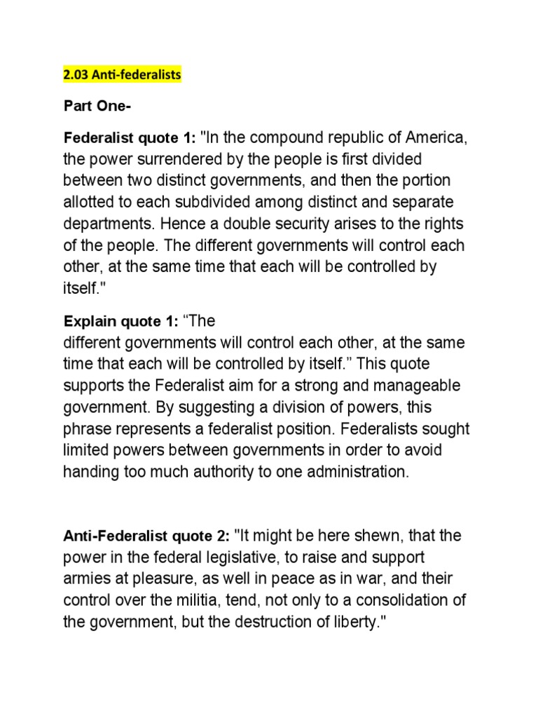 Federalist vs. Anti-Federalist Debate | PDF