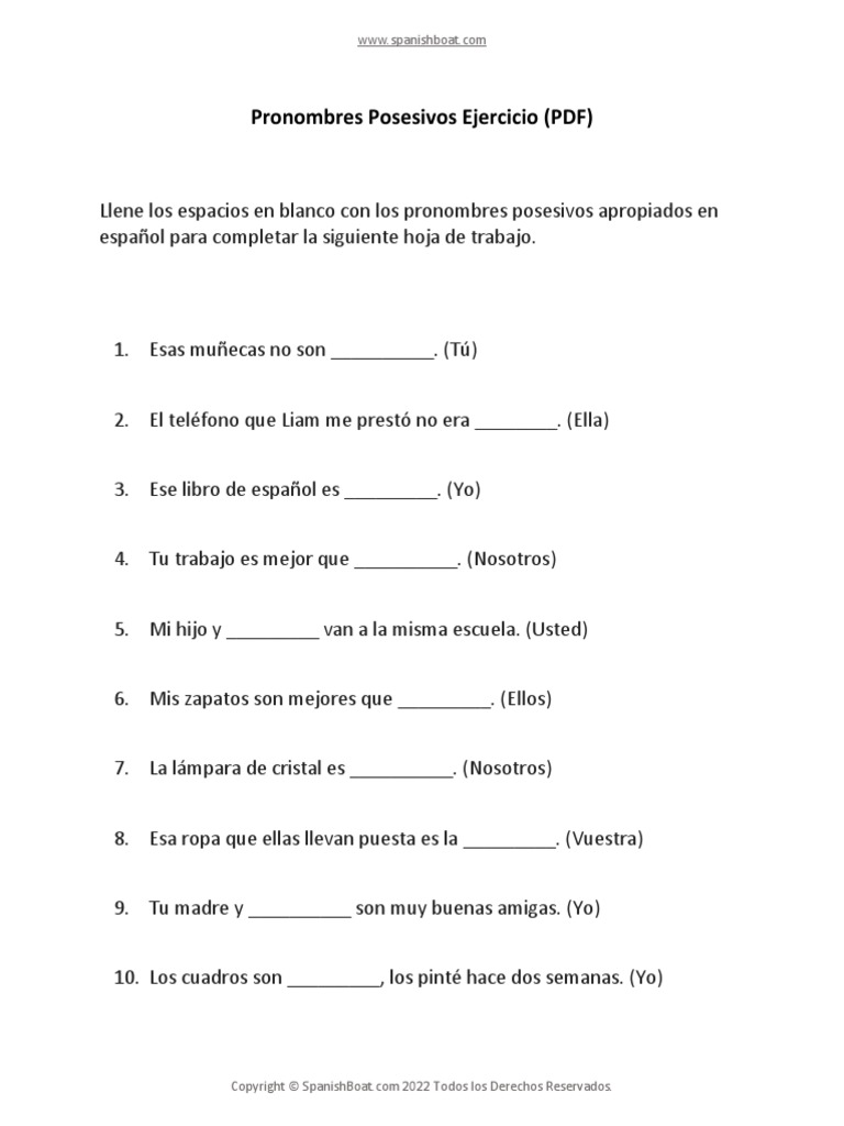 Pronombres Posesivos Ejercicio | PDF | Artes del Lenguaje y Comunicación