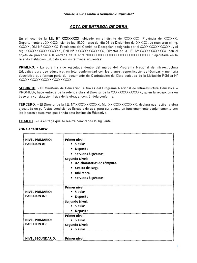 Acta de Entrega de Obra | PDF