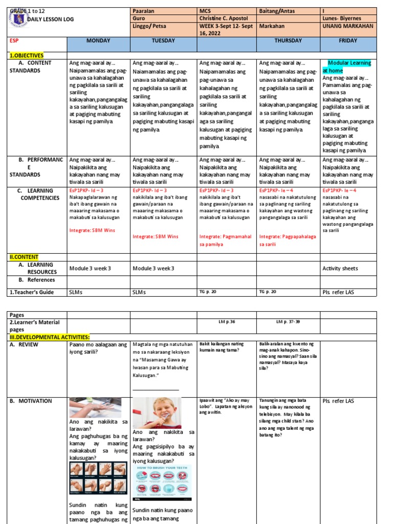 DLL ESP 1 Quarter 1 Week 3 | PDF