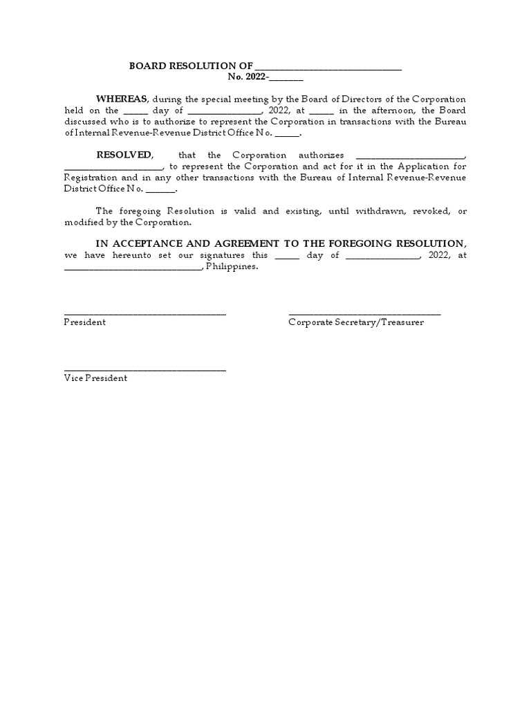 Board Resolution No 2022-XXX BIR Authorized Representative | PDF