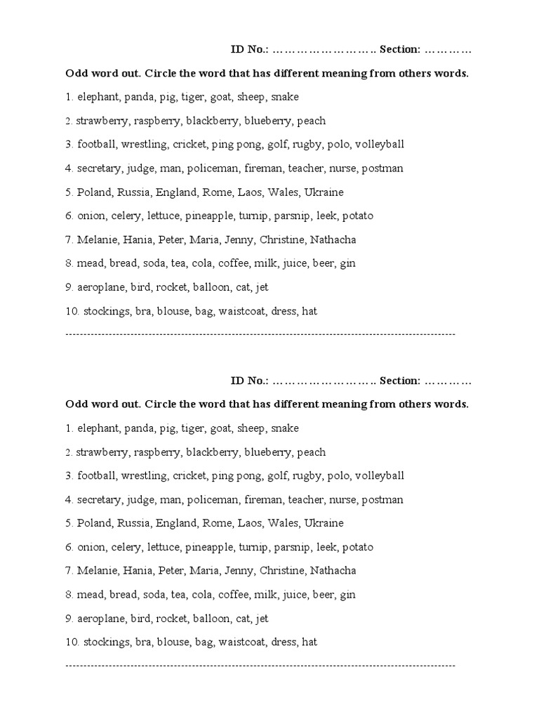 Odd Word Out Worksheet for Students | PDF