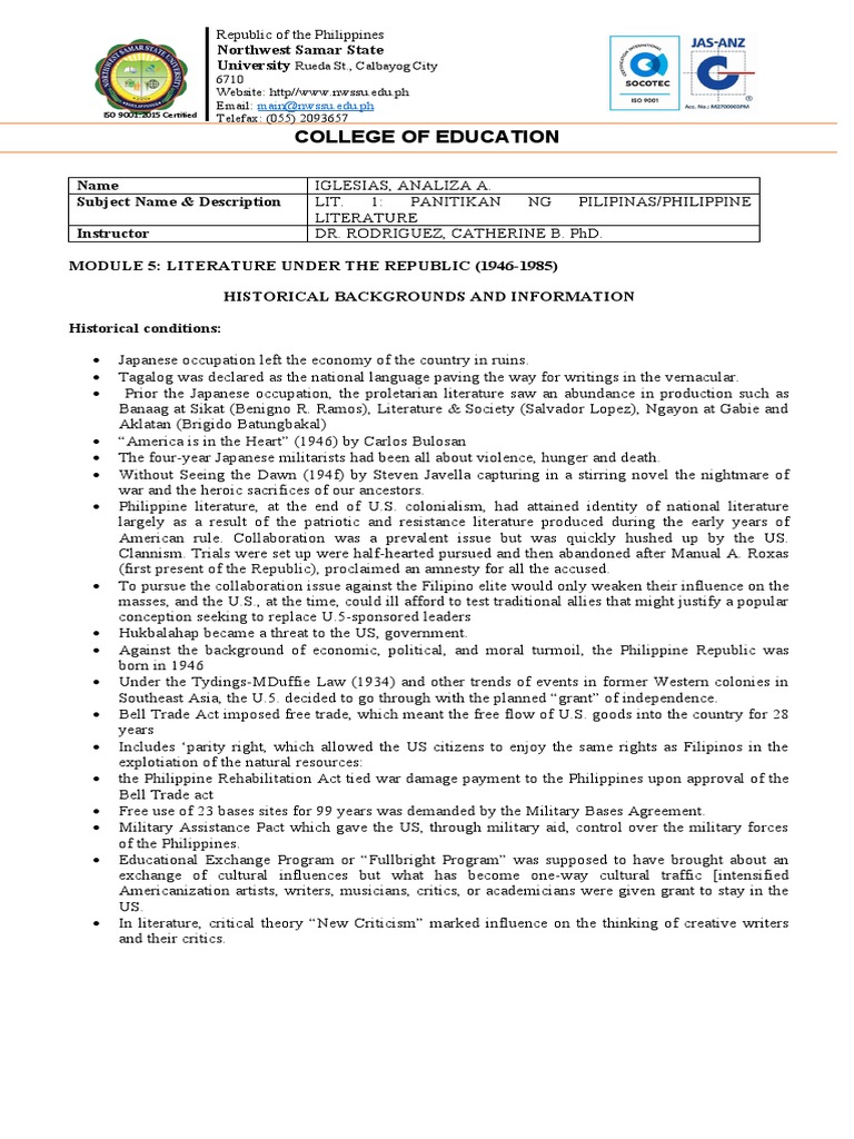 BSEd3ENG LIT.1 CHAPTER5 WORD REPORTF | PDF | Philippines