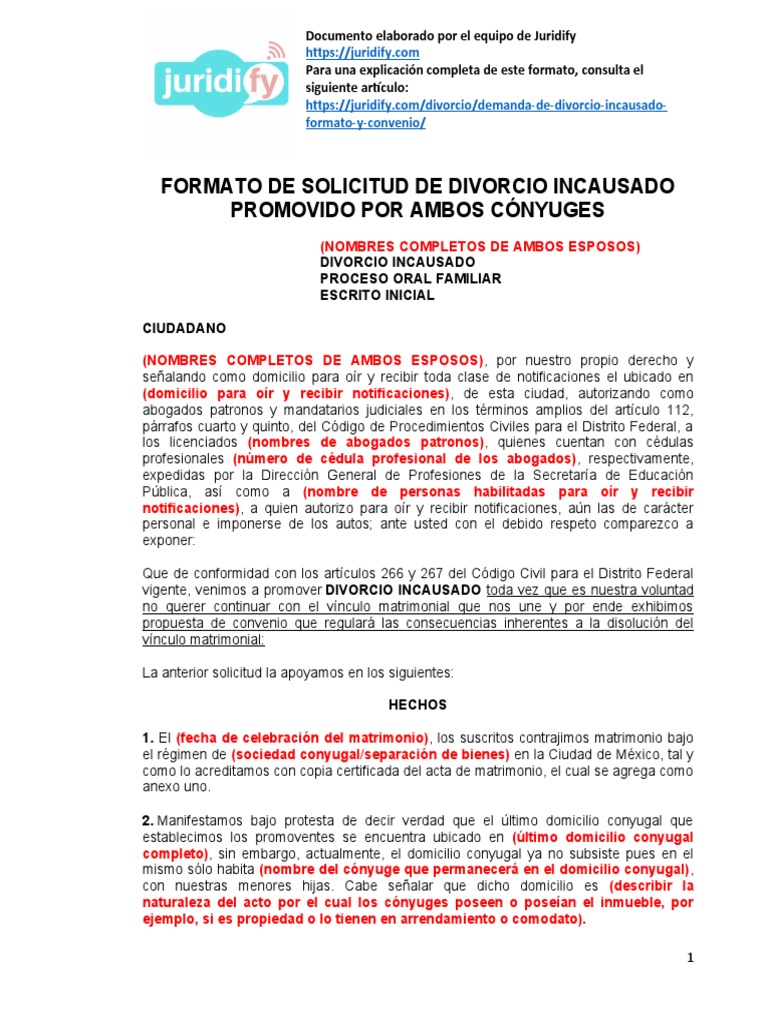 Formato de Solicitud de Divorcio Incausado Promovido Por Ambos Conyuges ...