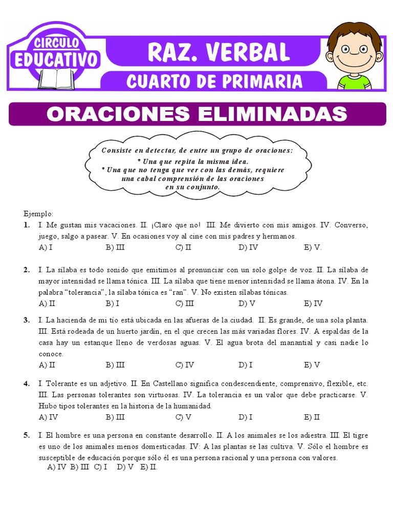 Oraciones Eliminadas para Cuarto de Primaria | PDF