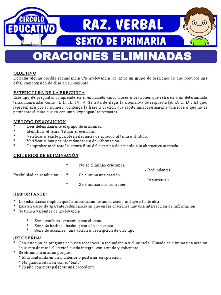Actividades de Oraciones Eliminadas para Sexto de Primaria | PDF | Oración (Lingüística)