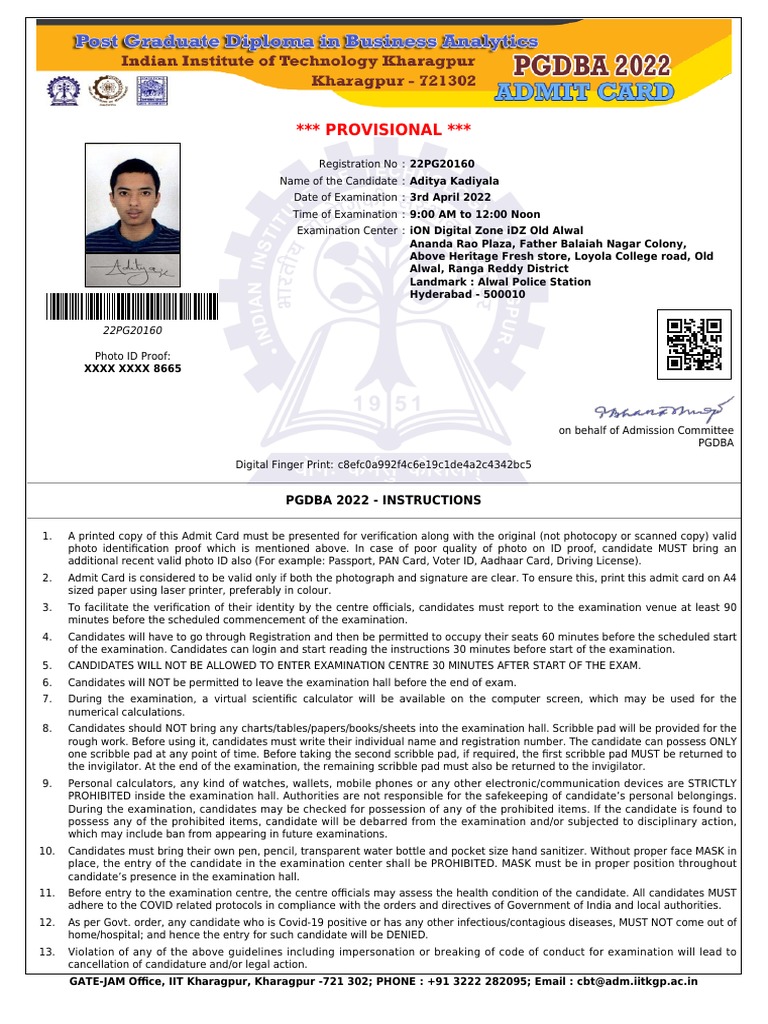 Iit KGP Pgdba Admit Card | PDF | Identity Document