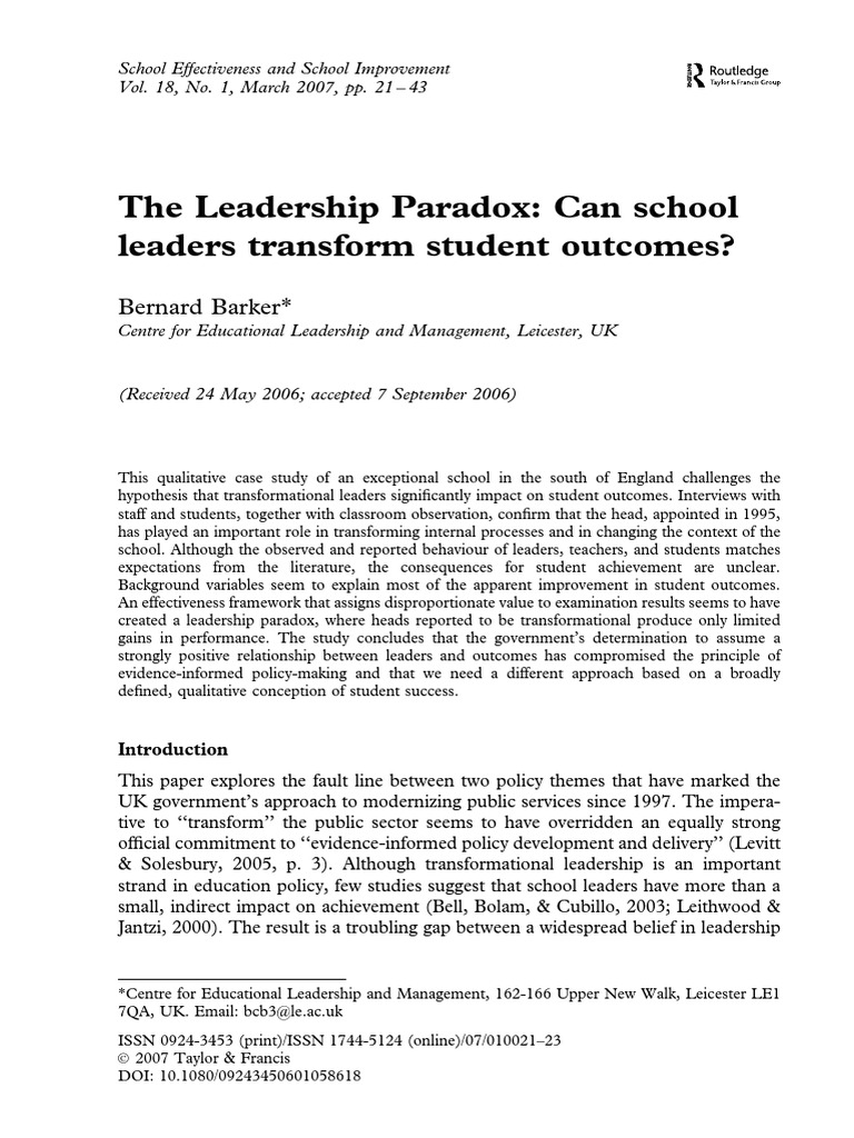 Barker - 2007 - The Leadership Paradox - Can Schools Leaders Transform ...