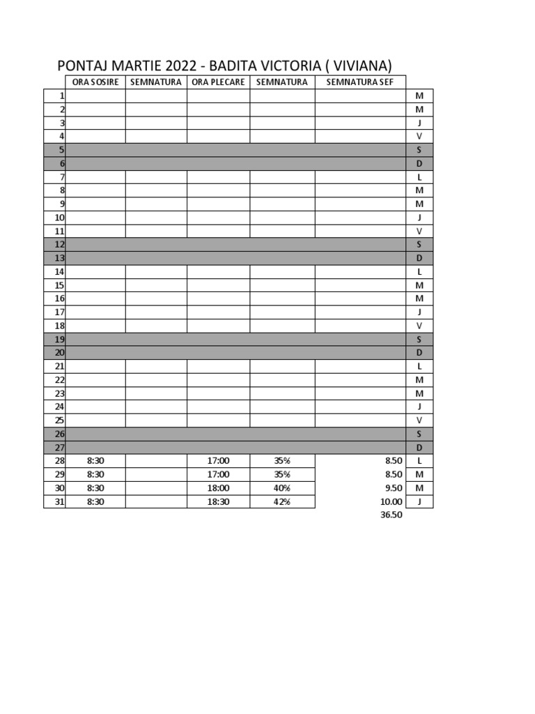 Pontaj Martie 2022 - Badita Victoria (Viviana) | PDF