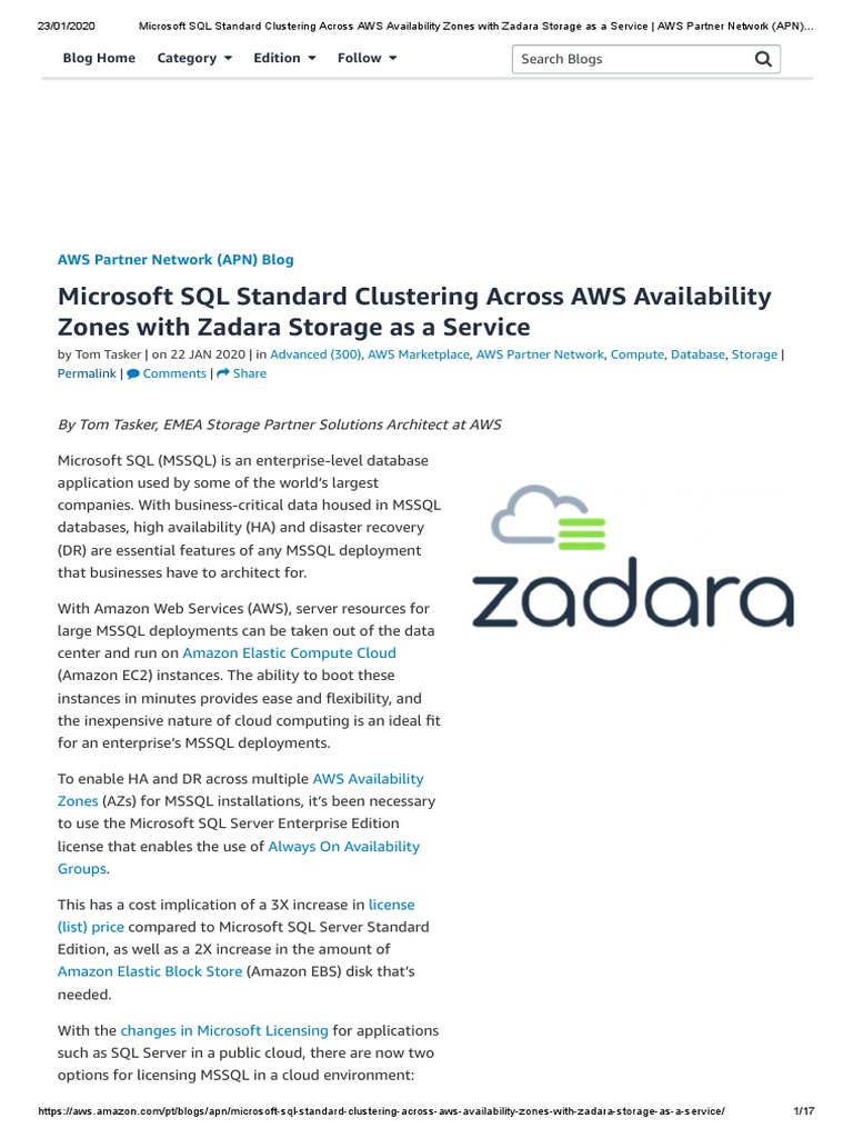 Microsoft SQL Standard Clustering Across AWS Availability Zones With ...