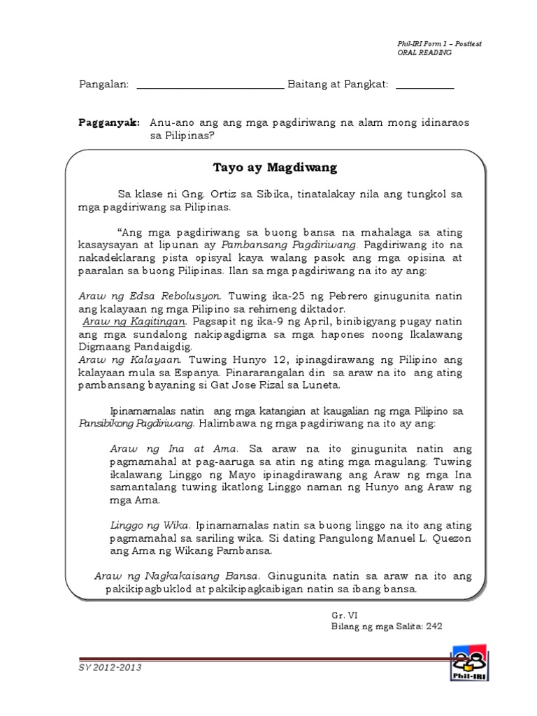 ORAL READING-Gr. 6 Tayo Ay magdiwang-PHIL-IRI | PDF