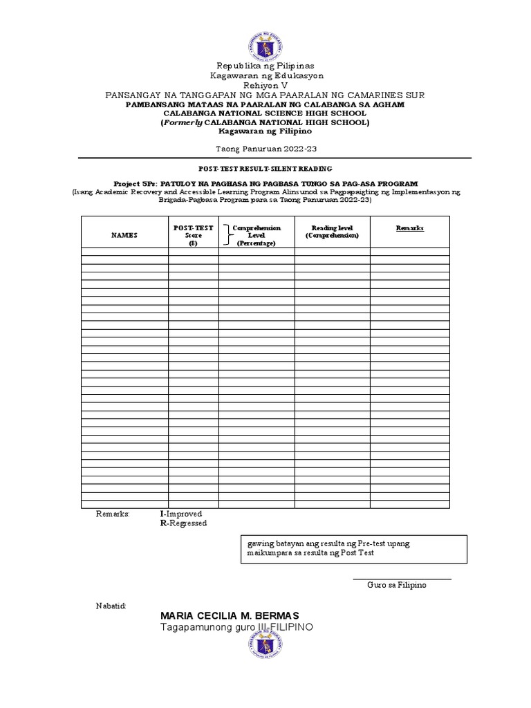 Silent-Oral Reading Pre-Post Test | PDF