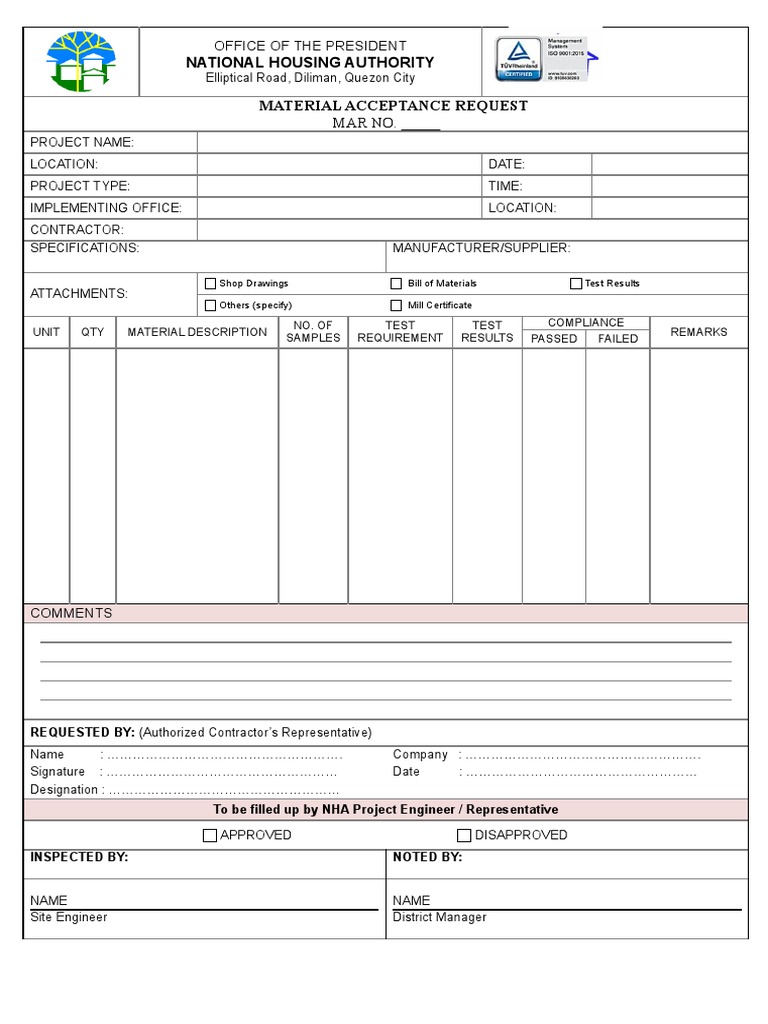 Material Acceptance Request | PDF