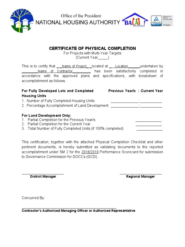 Certificate of Physically Completed Units | PDF