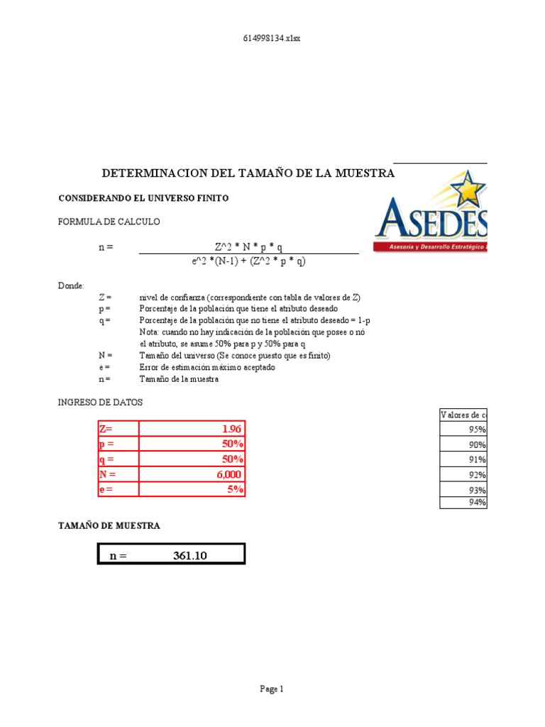 Excel para Calculo de Muestra | PDF | Determinación del tamaño de la ...