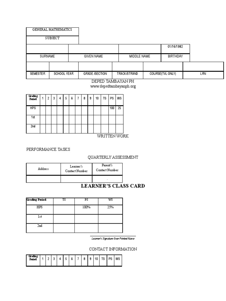 Learner's Class Card For SHS | PDF | Behavior Modification | Learning