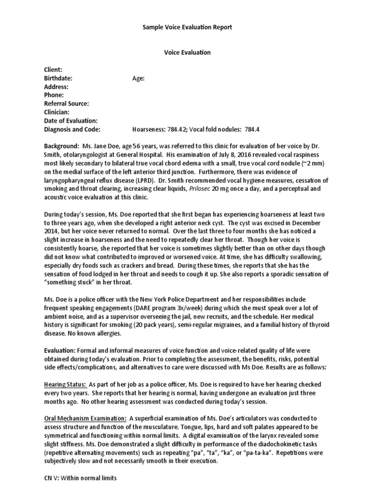 Voice Evaluation Report for Ms. Doe | PDF | Human Voice | Larynx