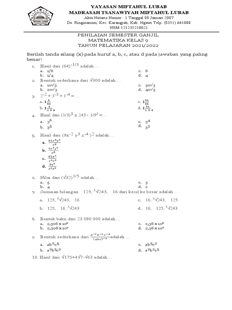 Soal PTS MTK Kls 9 | PDF