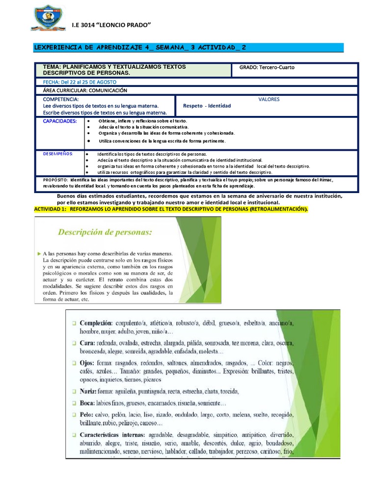 3° - 4° - Actividad - 2 - Semana - 3 - Planificación de Textos Descriptivos (Retrato) | PDF ...