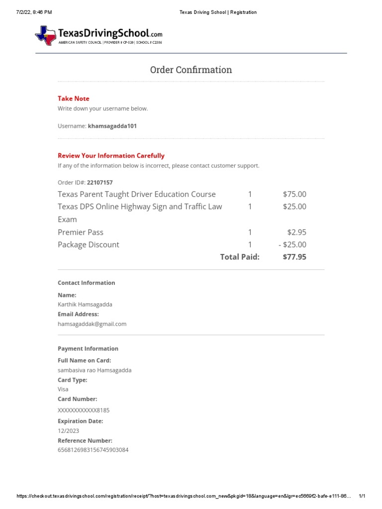 Texas Driving School - Registration | PDF