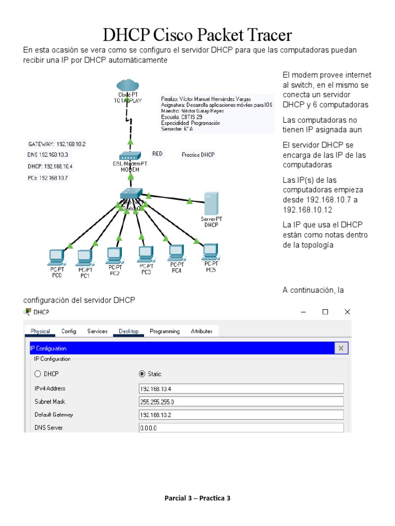 Topología DHCP Cisco Packet Tracer | PDF | Dirección IP | Transmisión de datos