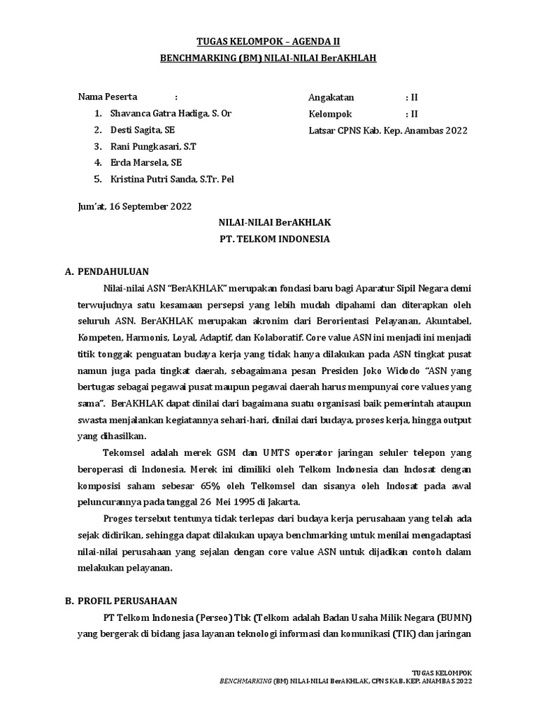 Tugas Kelompok Benchmarking Nilai-Nilai Berakhlak | PDF | Bisnis