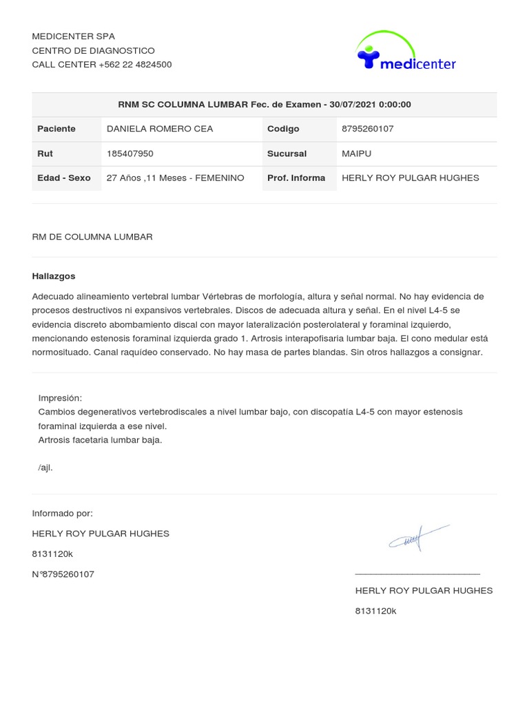 RNM SC COLUMNA LUMBAR Fec. de Examen - 30/07/2021 0:00:00 Paciente Codigo Rut Sucursal | PDF ...