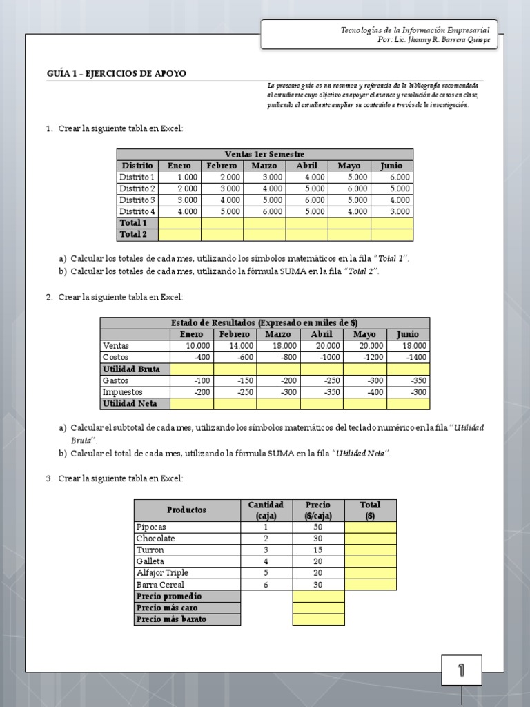 Guia 1 - TIC Ejercicios de Apoyo | PDF | Microsoft Excel