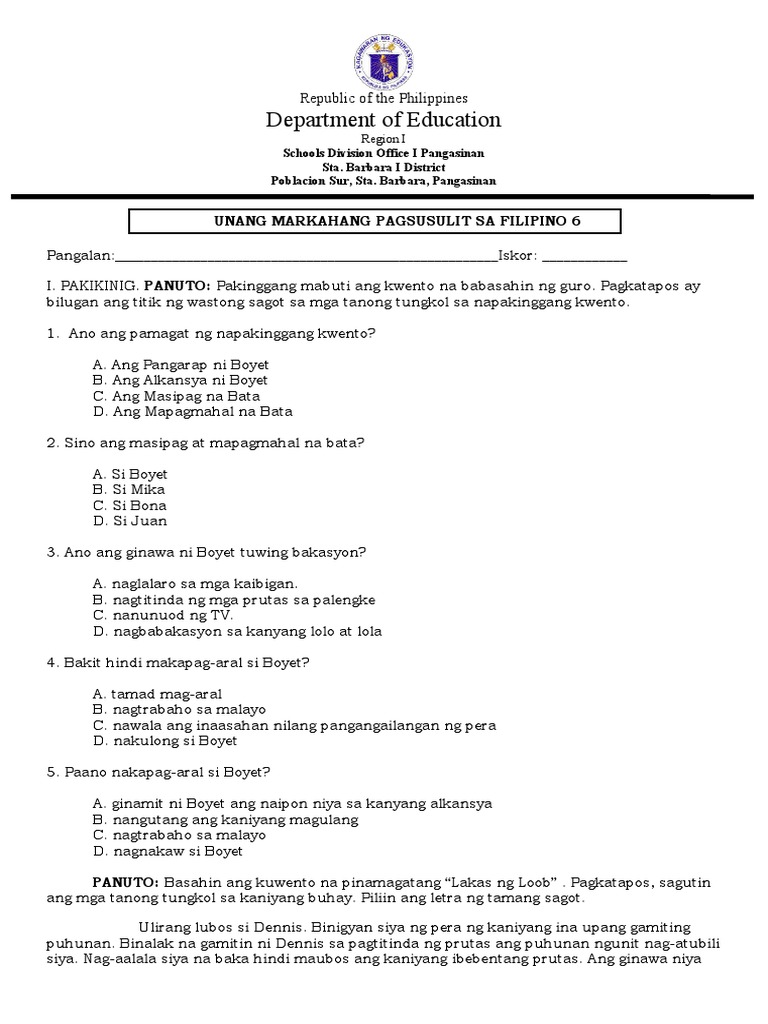 Grade 6 Test Question 1st Quarter | PDF